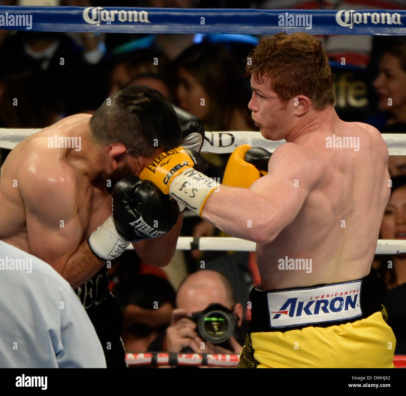 March 8, 2014. Las Vegas NV.(in-yellow trunks) Canelo Alvarez goes 10 ...