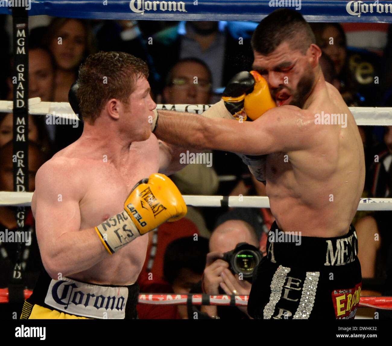 March 8, 2014. Las Vegas NV.(in-yellow trunks) Canelo Alvarez goes 10 ...