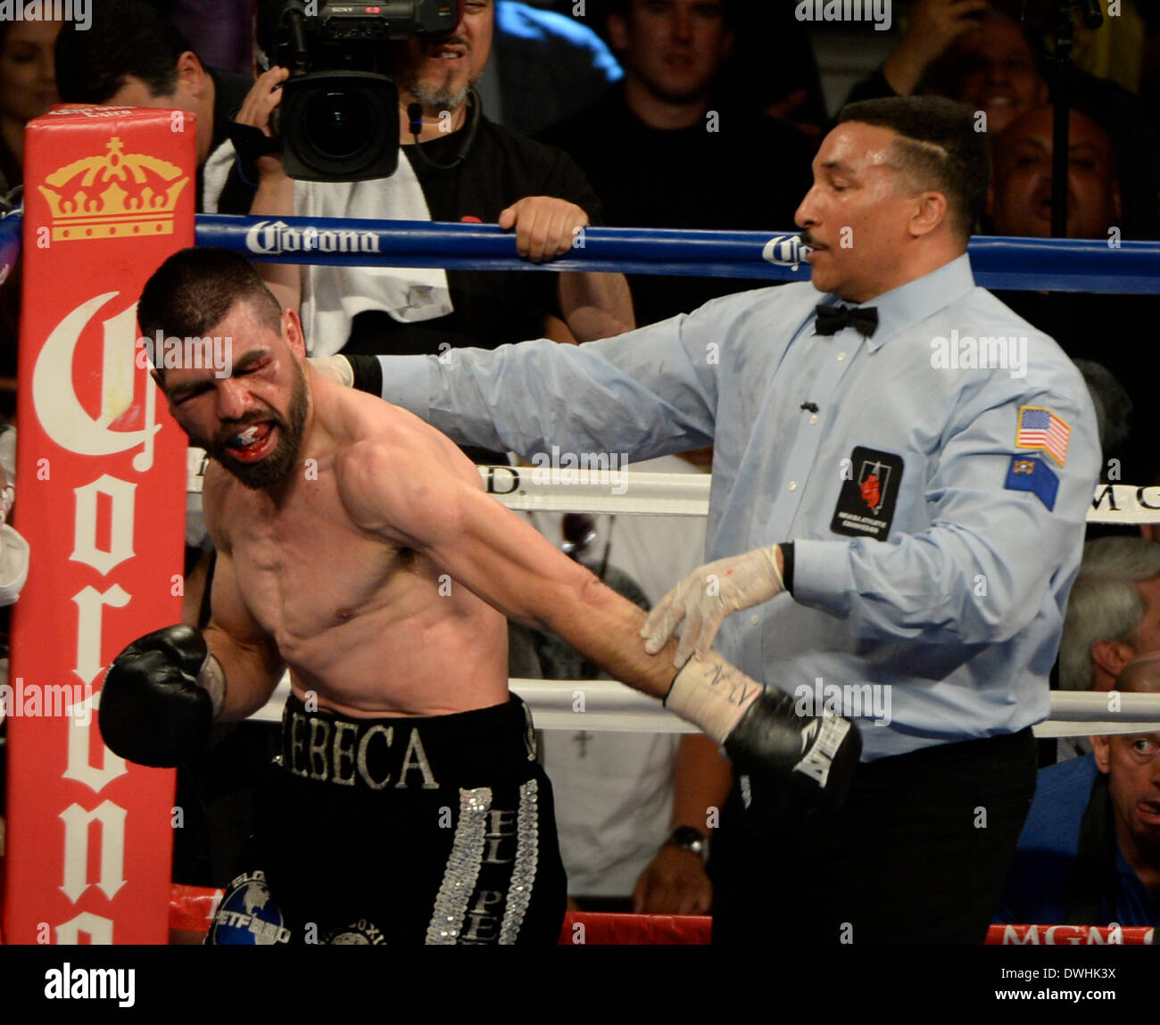 Las Vegas NV, USA. 8th March, 2014. Alfredo Angulo reacts to referee ...