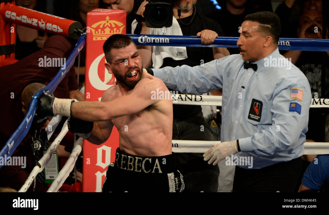 Las Vegas NV, USA. 8th March, 2014. Alfredo Angulo reacts to referee ...
