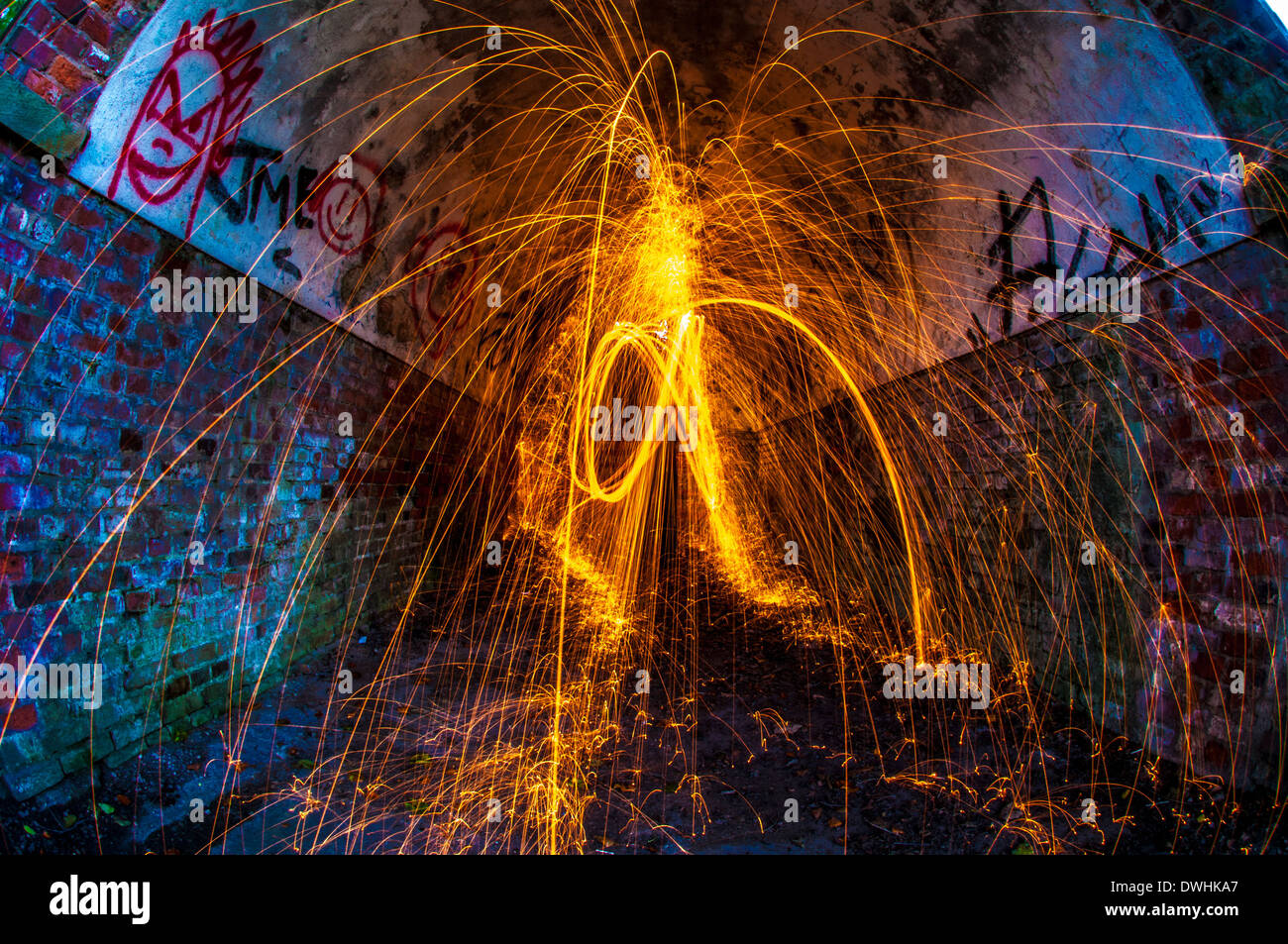 Burning Wire wool in brick tunnel Stock Photo - Alamy
