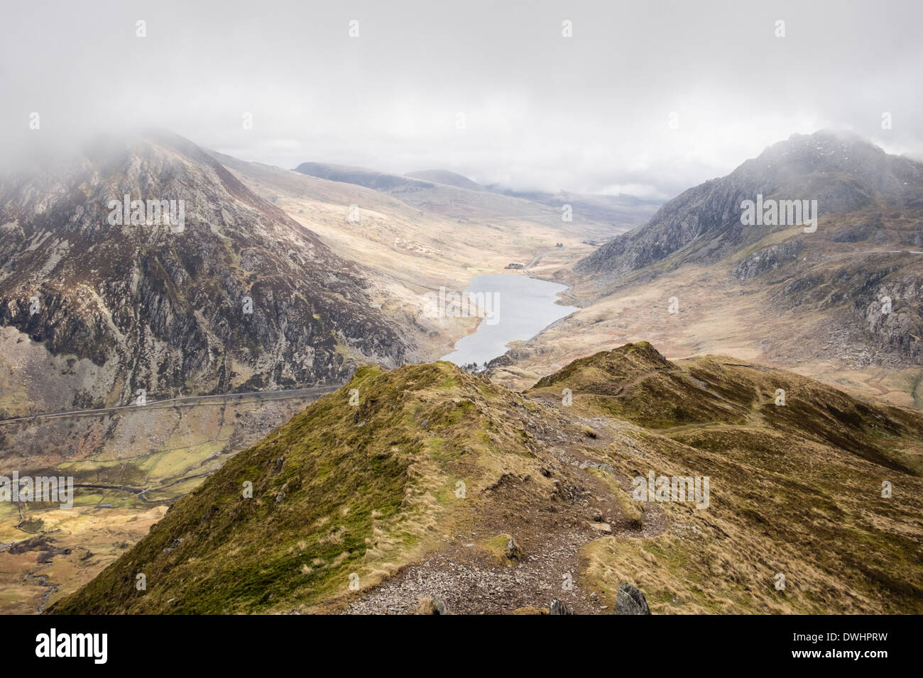 View east to Ogwen Valley and Mount Tryfan from ascent path on Y Garn ...
