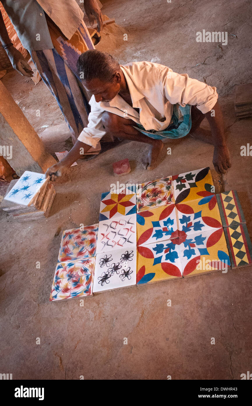India , Tamil Nadu , Chettinad , Karakaikudi , hand made tiles factory ...