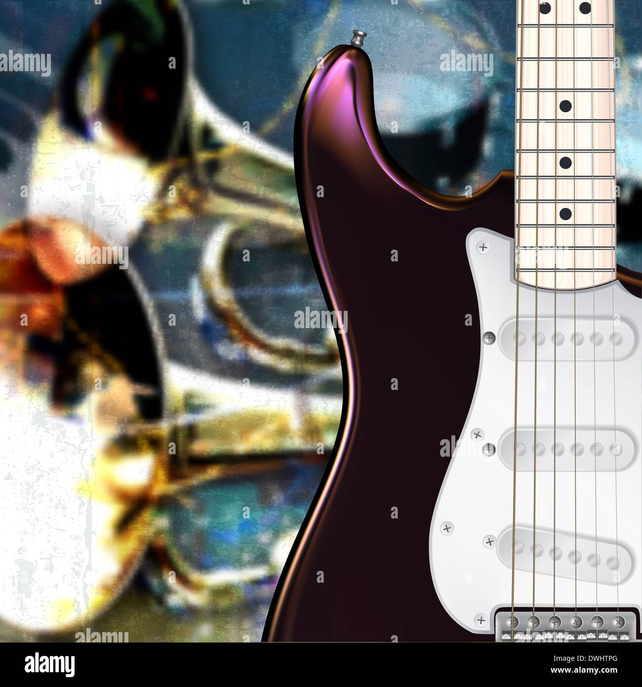 abstract grunge background with electric guitar and musical instruments ...