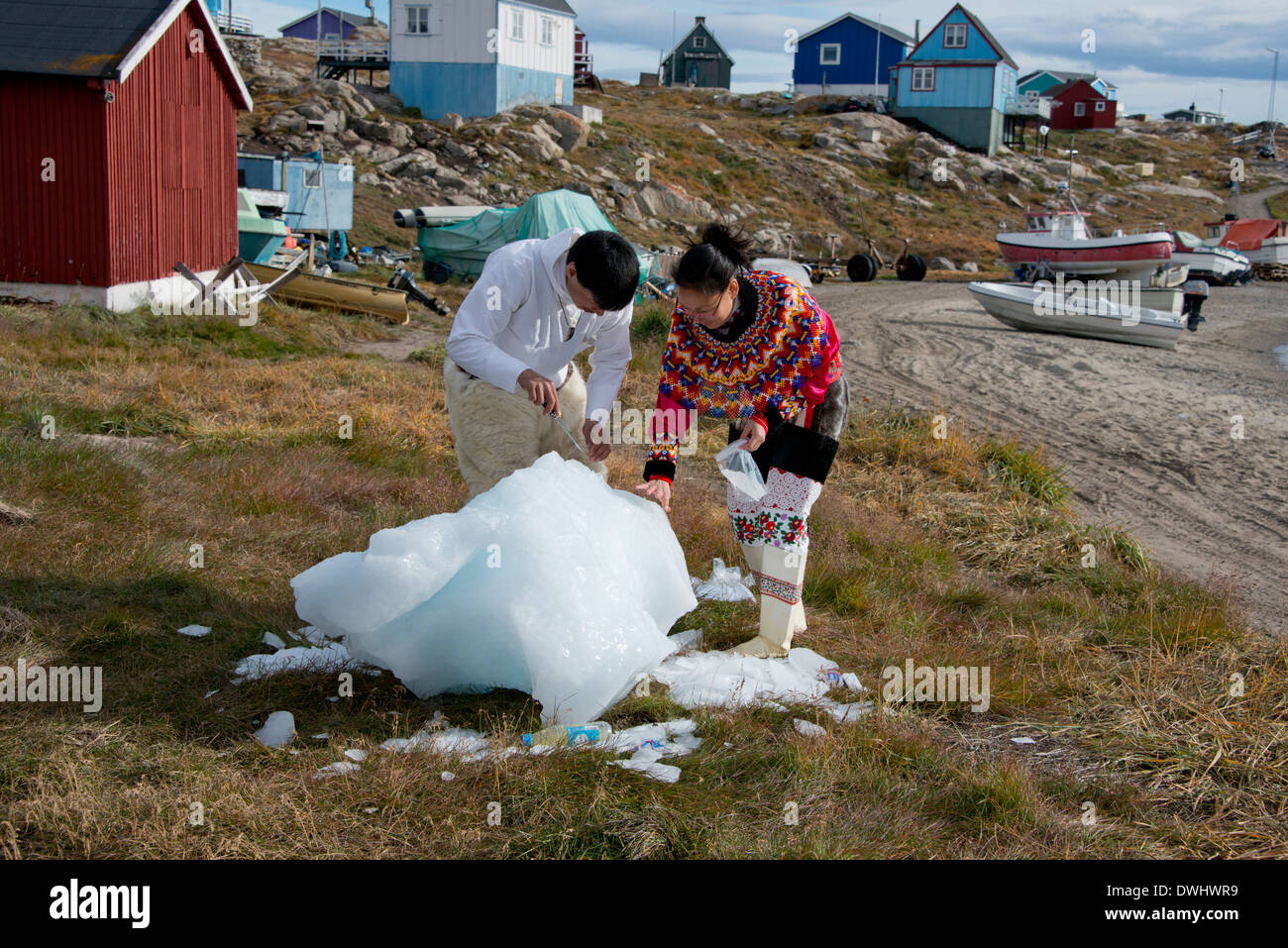 Greenland, Disko Bay, Saqqaq (aka Sarqaq or Solsiden). Couple, in ...