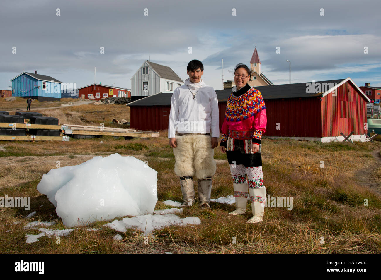 Greenland, Disko Bay, Saqqaq (aka Sarqaq or Solsiden). Couple, in ...