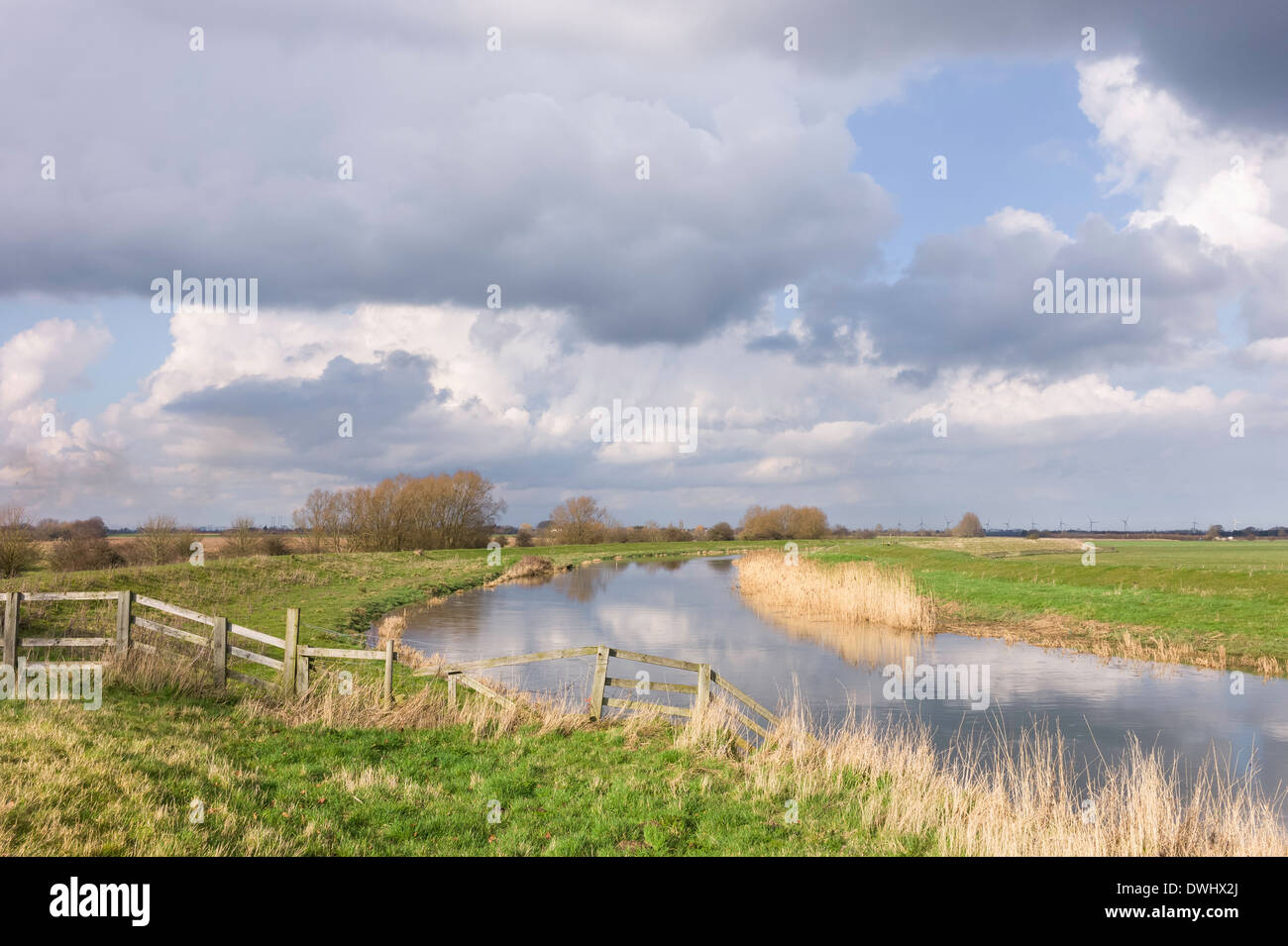 River Hull on a bright winter's day showing the riverbank and ...