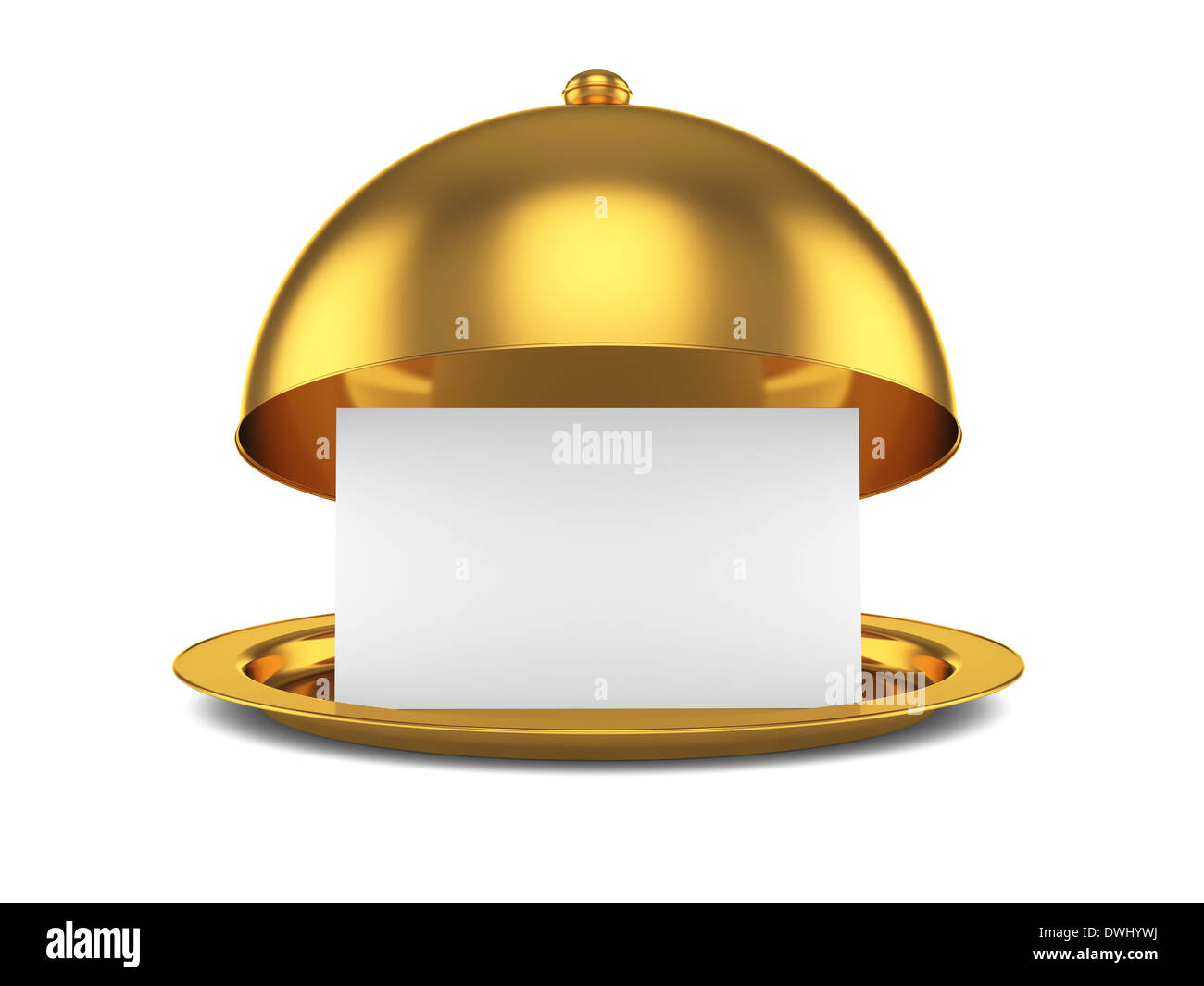 3d render of golden opened cloche with paper template, isolated on ...