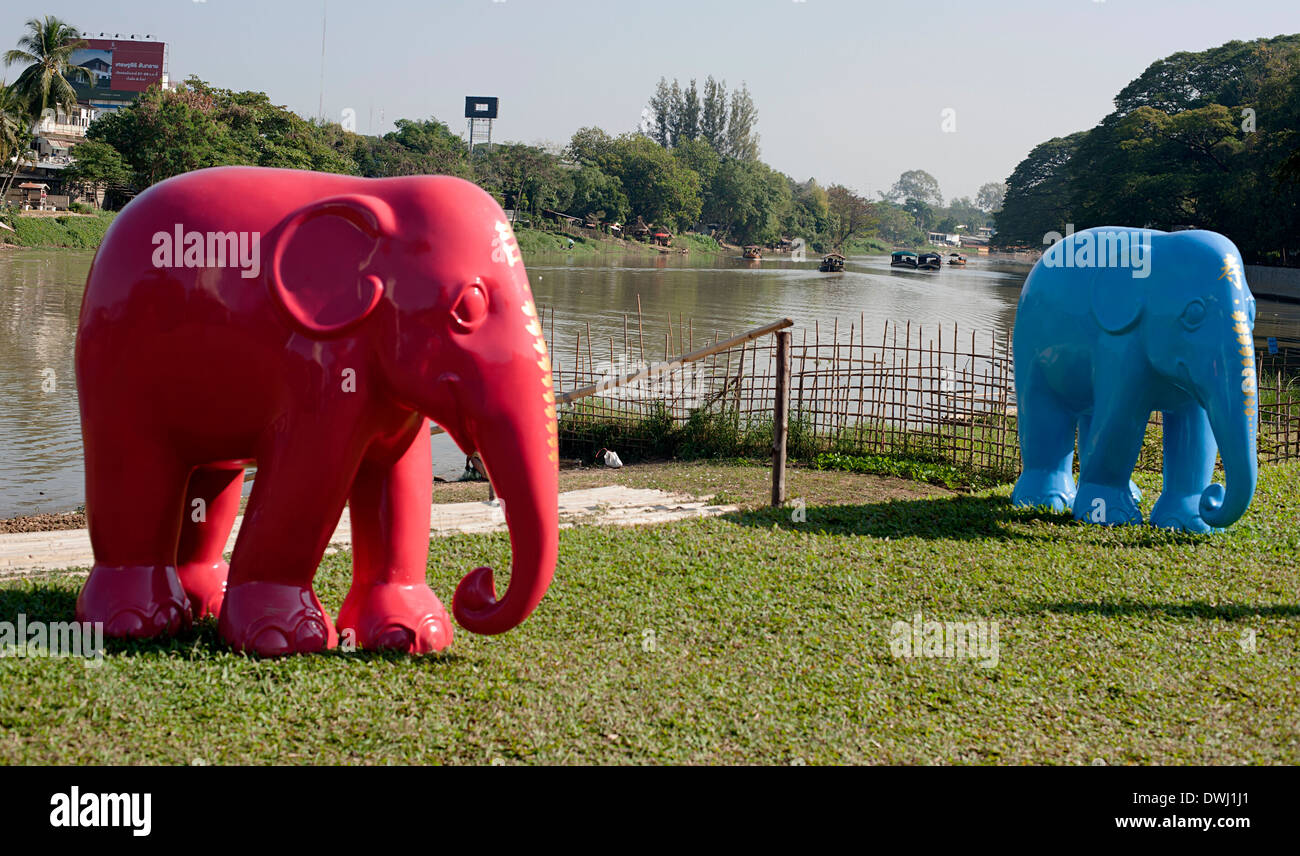 Red and blue elephants at The River Market in Chiang Mai, Northern ...