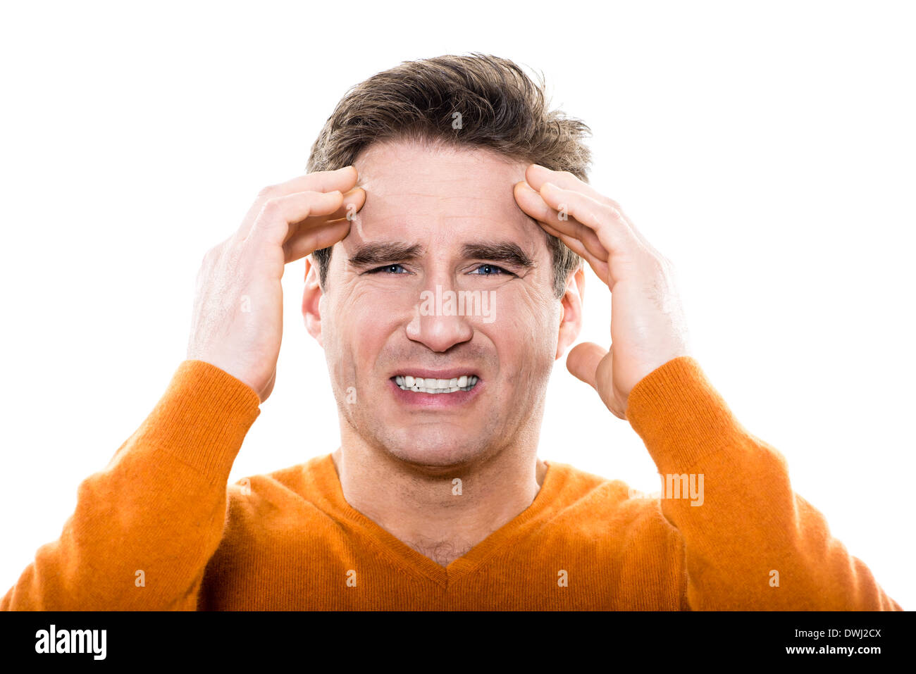 one man mature headache portrait studio white background Stock Photo ...