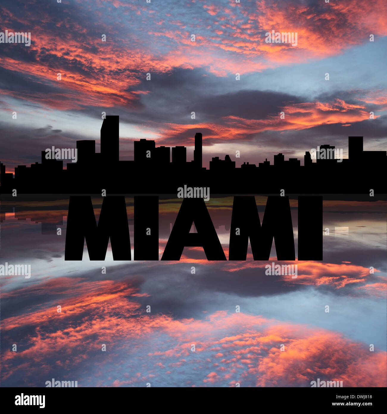 Miami skyline reflected with text and sunset illustration Stock Photo ...