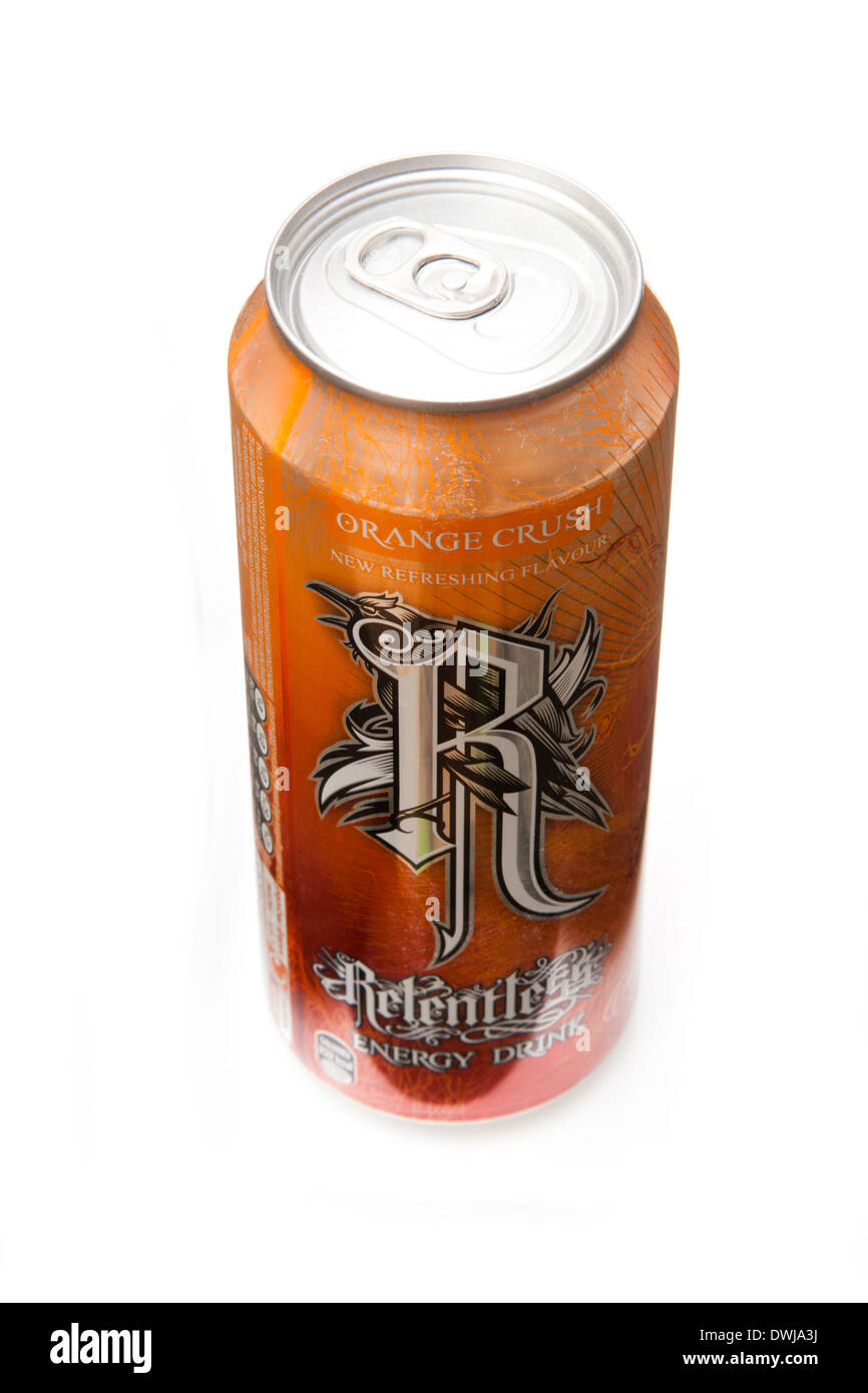 Can of Relentless energy drink isolated on a white studio background ...