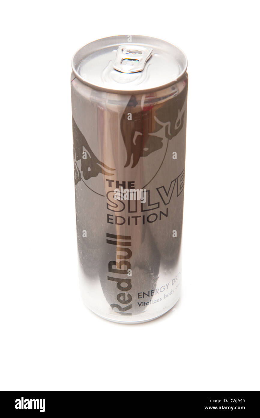 Red Bull energy drink .Silver edition can isolated on a white studio ...
