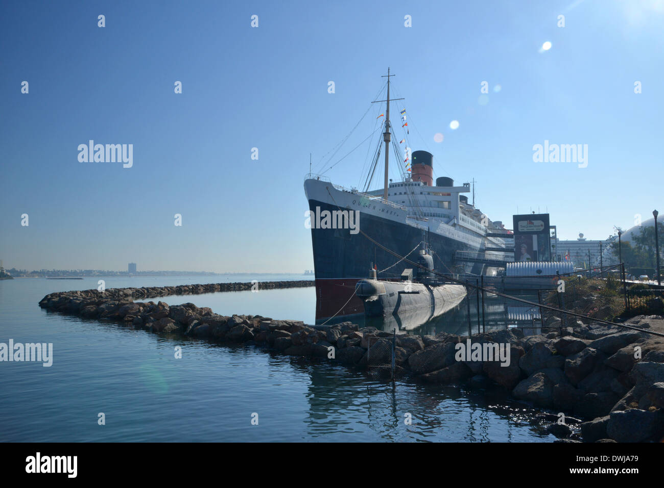 Queen Mary, 1936 art deco Cunard ocean liner and Russian Submarine B427 ...