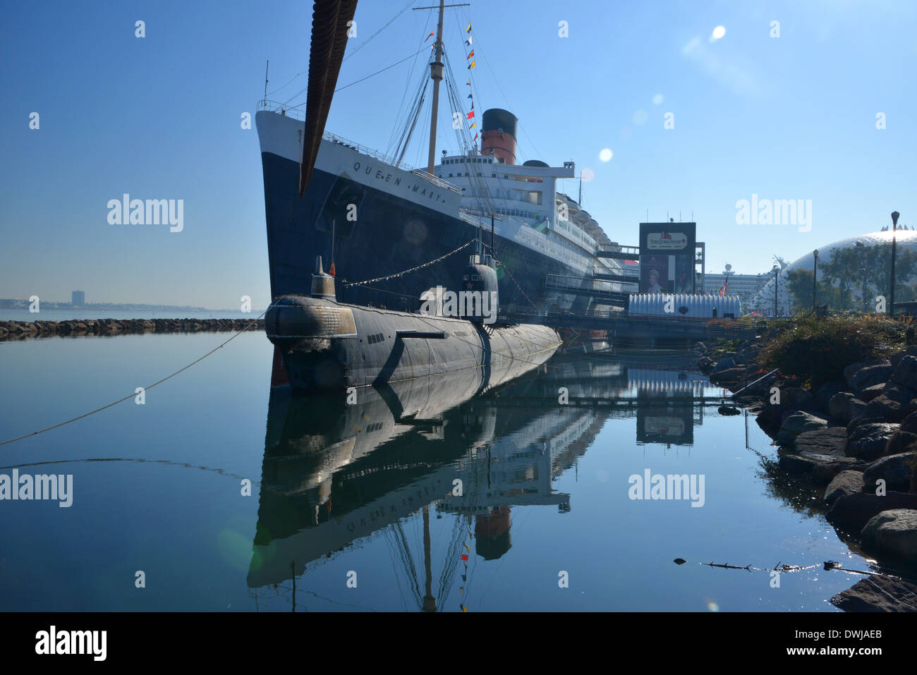 Queen Mary, 1936 art deco Cunard ocean liner and Russian Submarine B427 ...