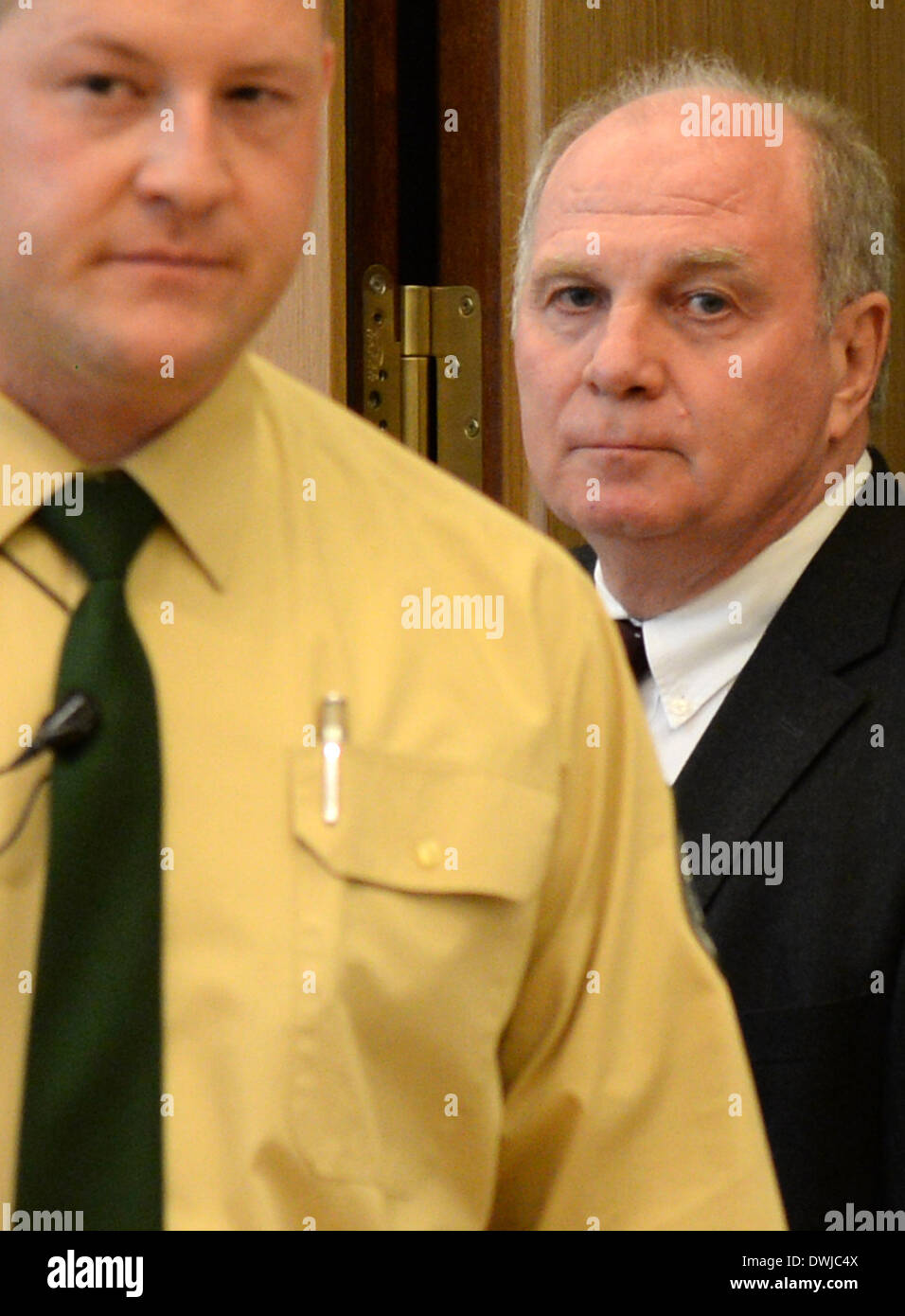 Munich, Germany. 10th Mar, 2014. Defendant Uli Hoeness (R), President ...