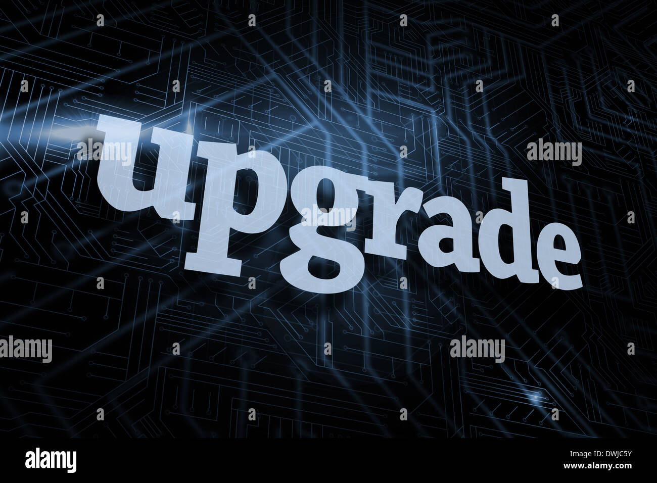 Upgrade against futuristic black and blue background Stock Photo - Alamy