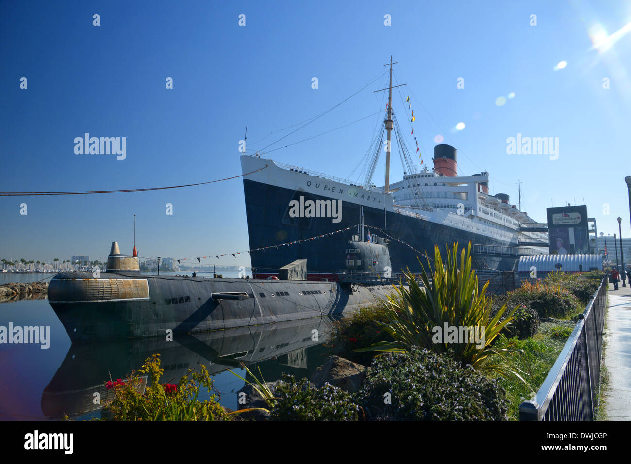Queen Mary, 1936 art deco Cunard ocean liner and Russian Submarine B427 ...