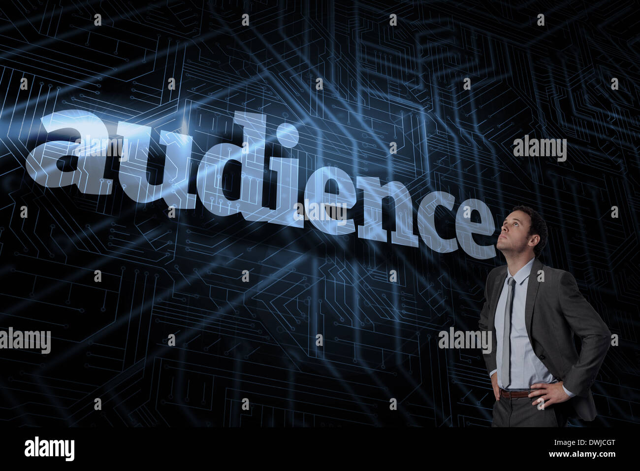 Audience against futuristic black and blue background Stock Photo - Alamy