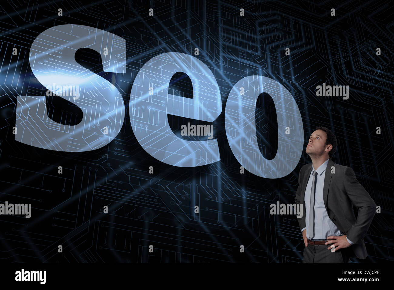 Seo against futuristic black and blue background Stock Photo - Alamy