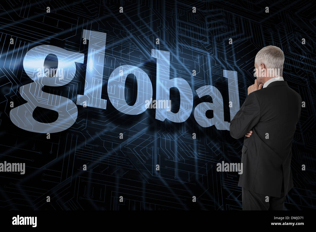 Global against futuristic black and blue background Stock Photo - Alamy