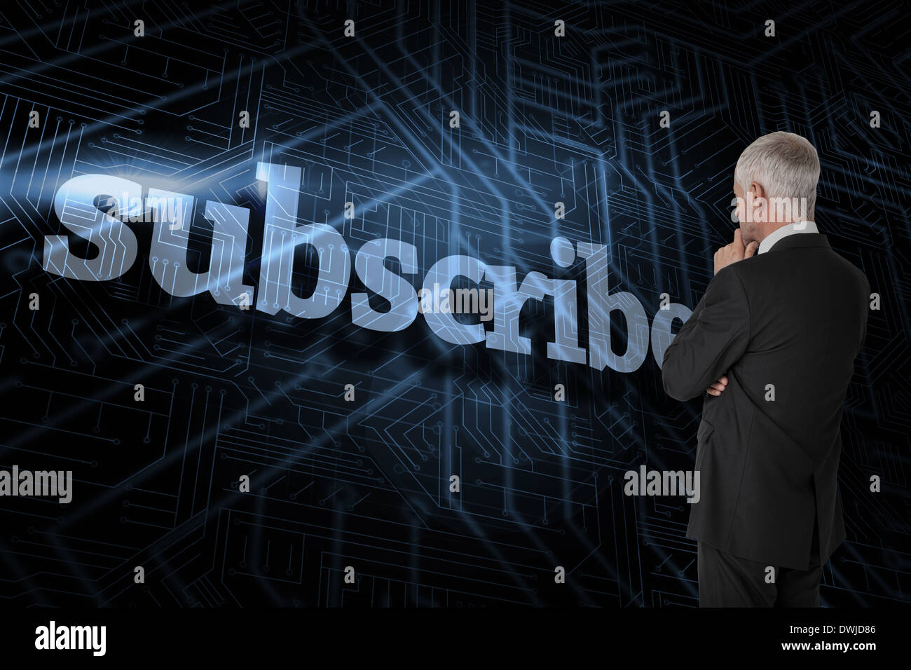 Subscribe against futuristic black and blue background Stock Photo - Alamy