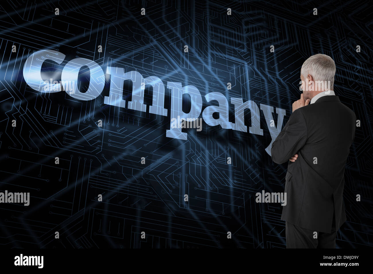 Company against futuristic black and blue background Stock Photo - Alamy