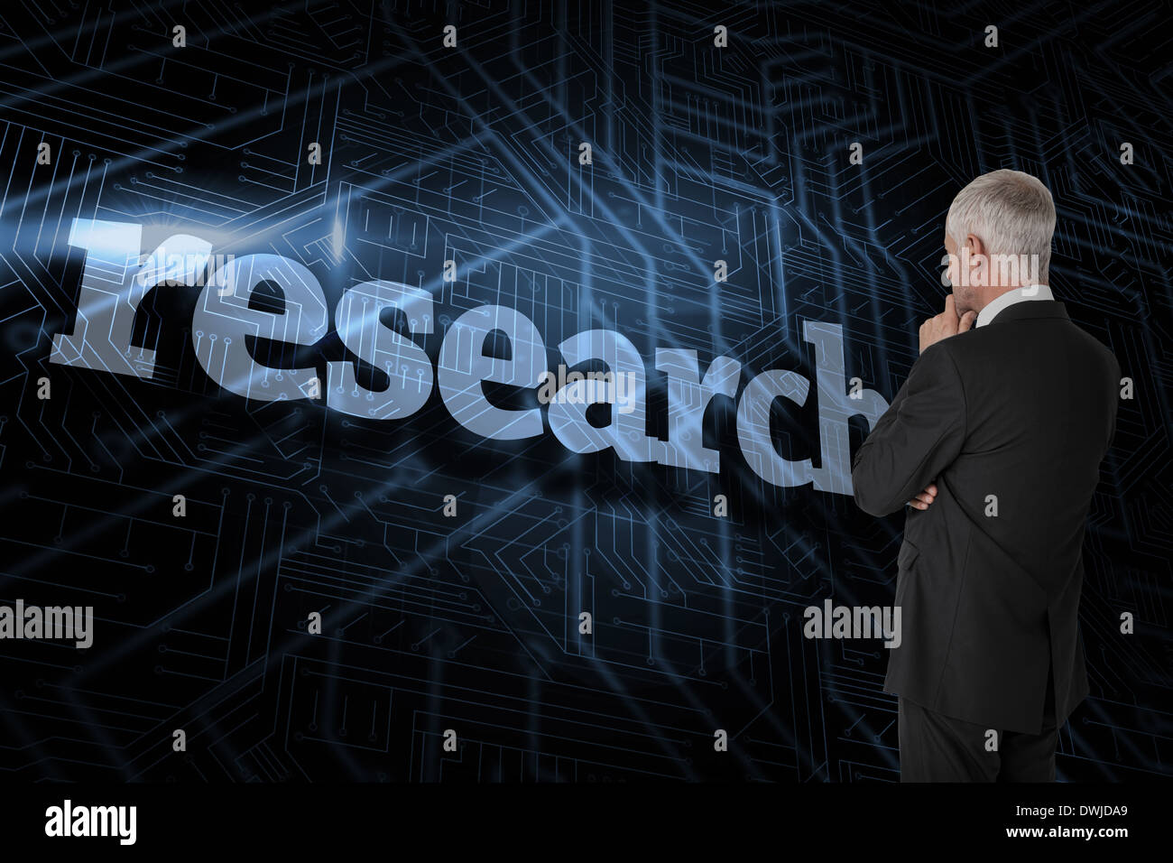 Research against futuristic black and blue background Stock Photo - Alamy