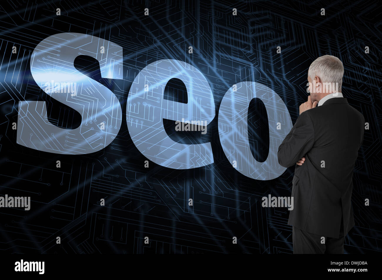 Seo against futuristic black and blue background Stock Photo - Alamy