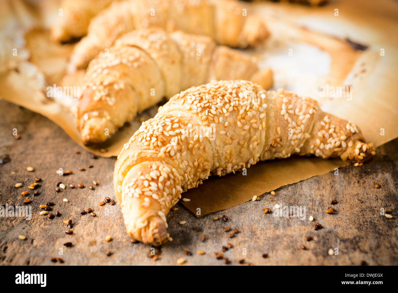 Fresh baked traditional danish croissants with sesame.Selective focus ...