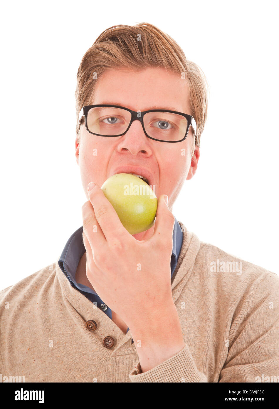 Young student eating an apple isolated on white background Stock Photo ...