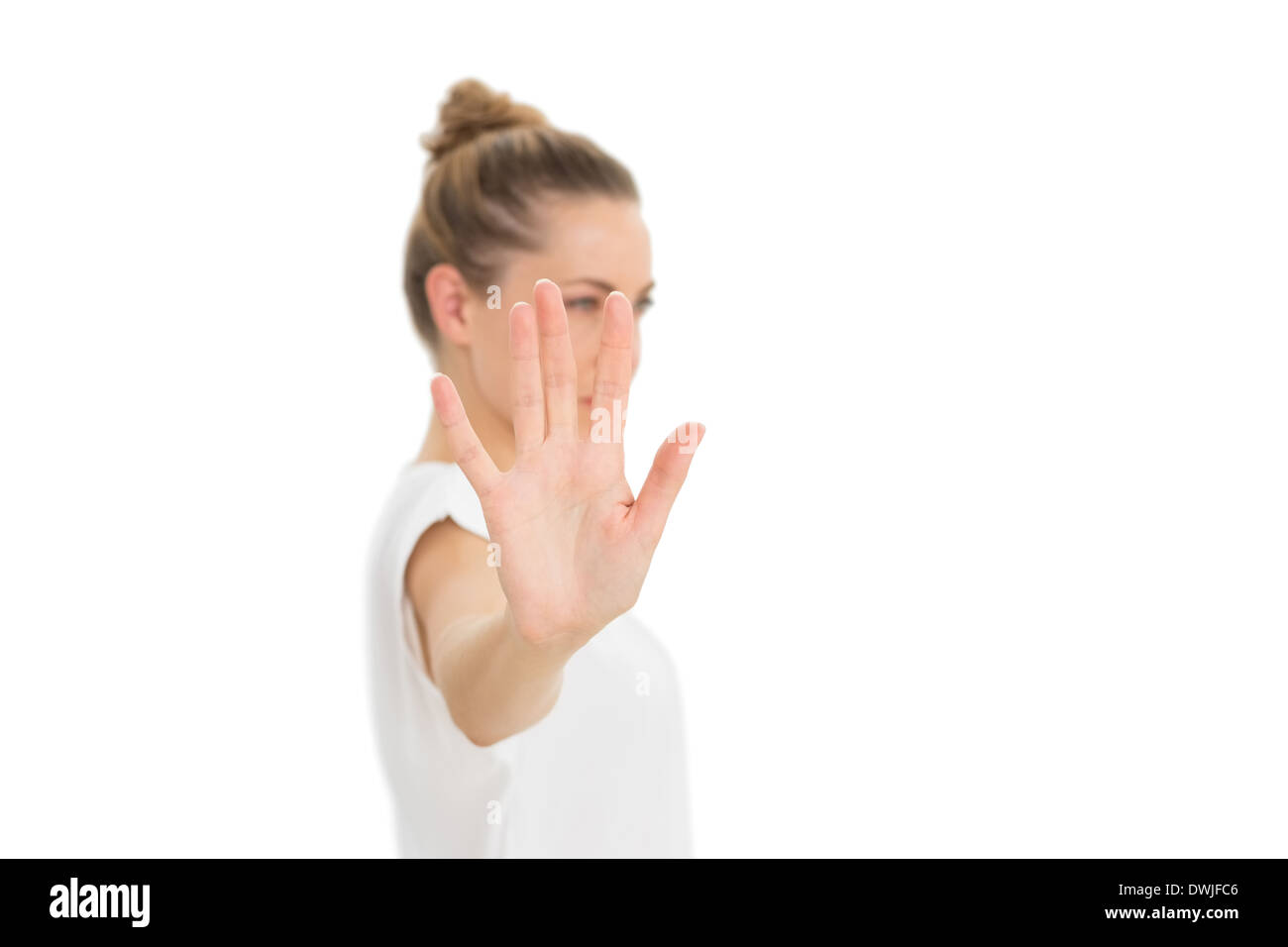 Woman holding up hand stop hi-res stock photography and images - Alamy
