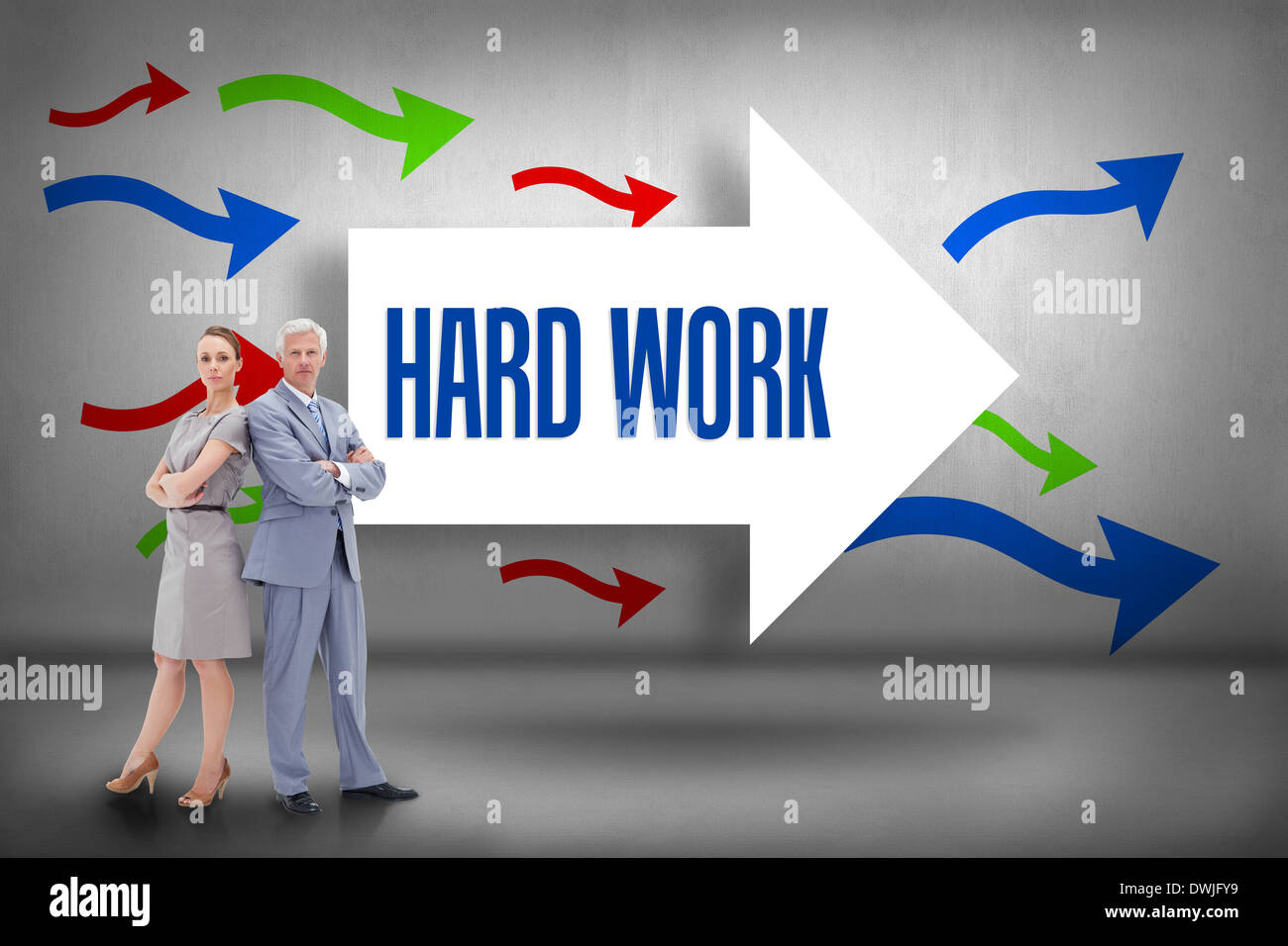 Hard work against arrows pointing Stock Photo - Alamy
