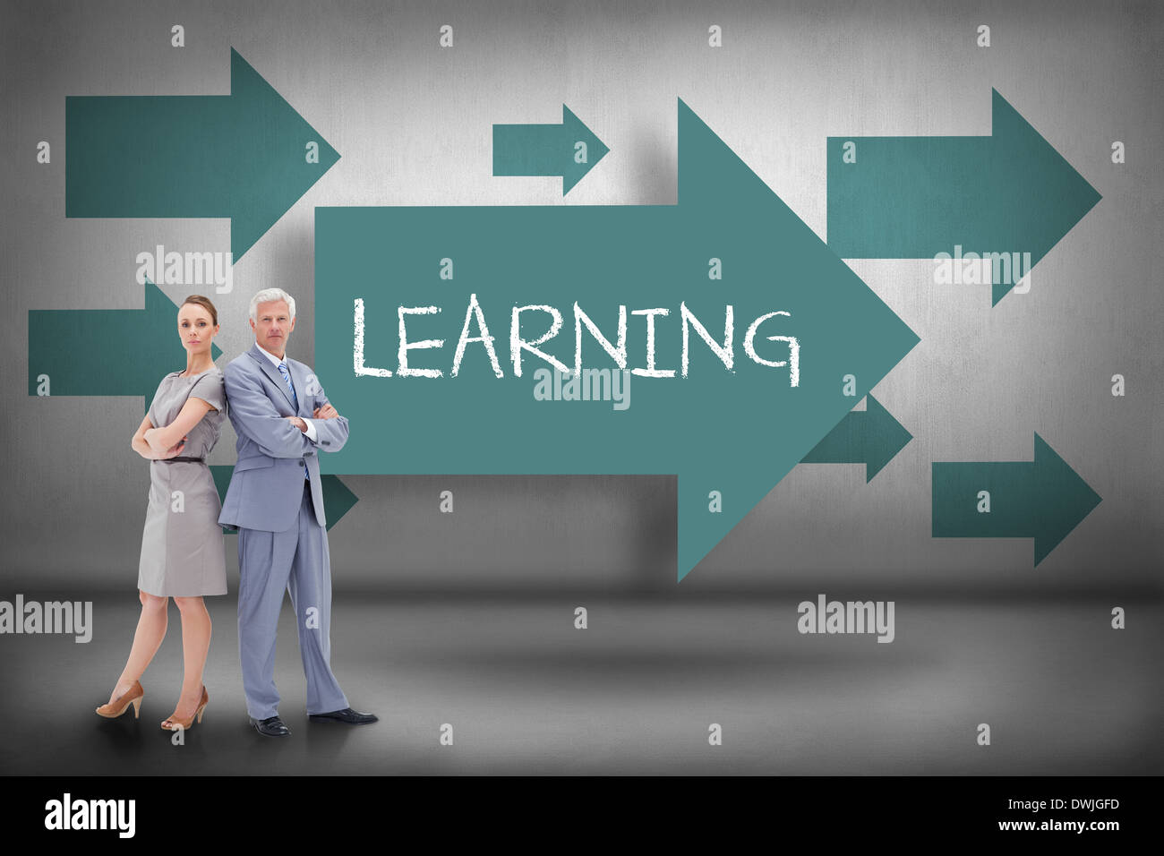 Learning against blue arrows pointing Stock Photo - Alamy