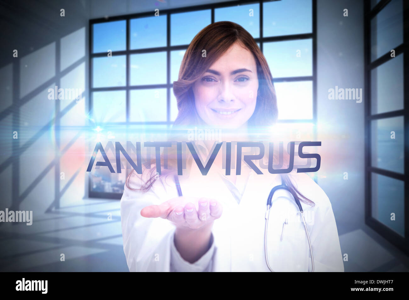 Antivirus against room with large window showing city Stock Photo - Alamy