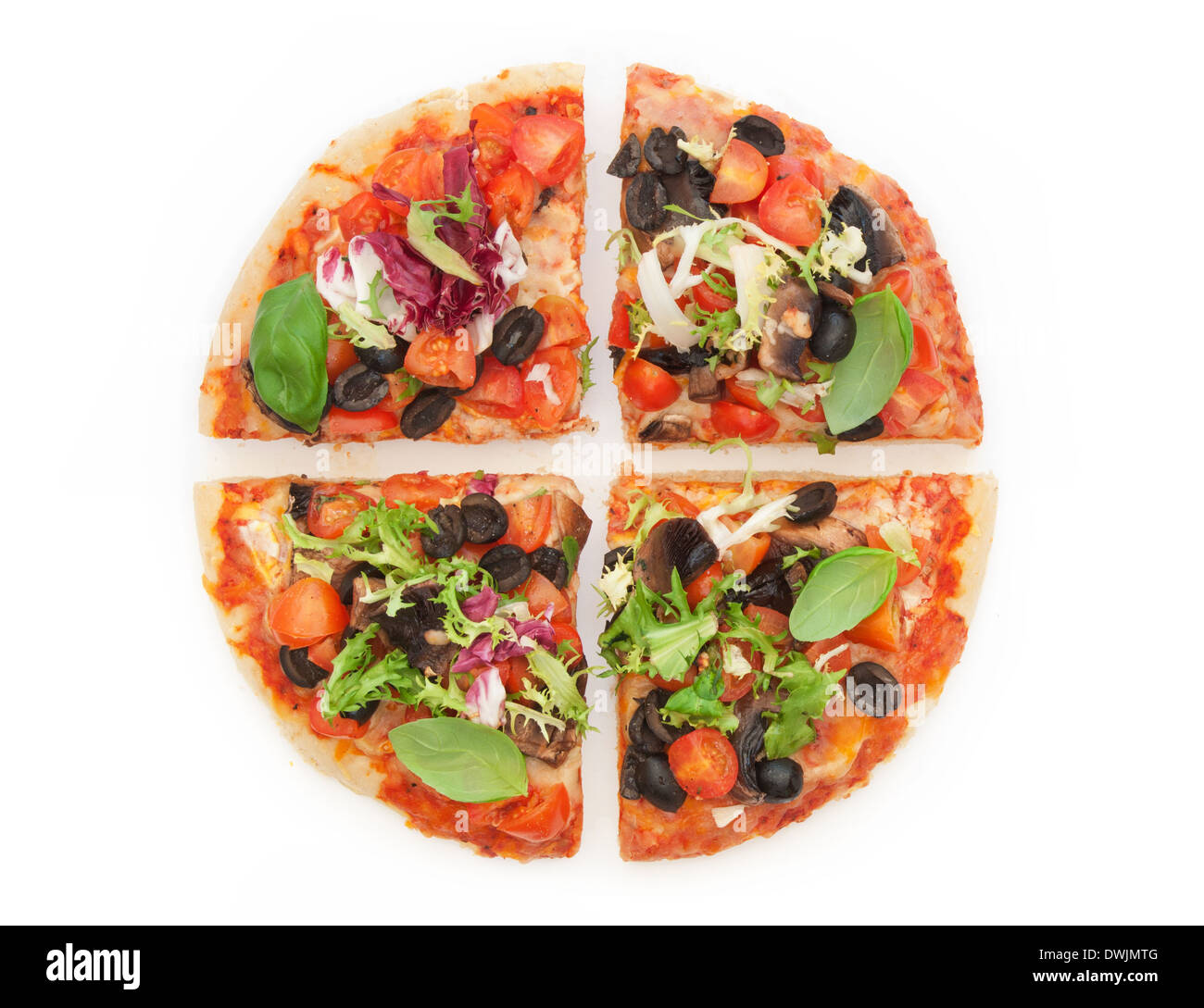 Pizza sliced into quarters over a white white background Stock Photo ...