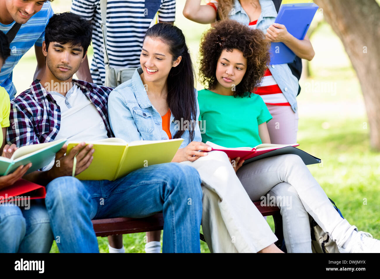University students studying on bench Stock Photo - Alamy