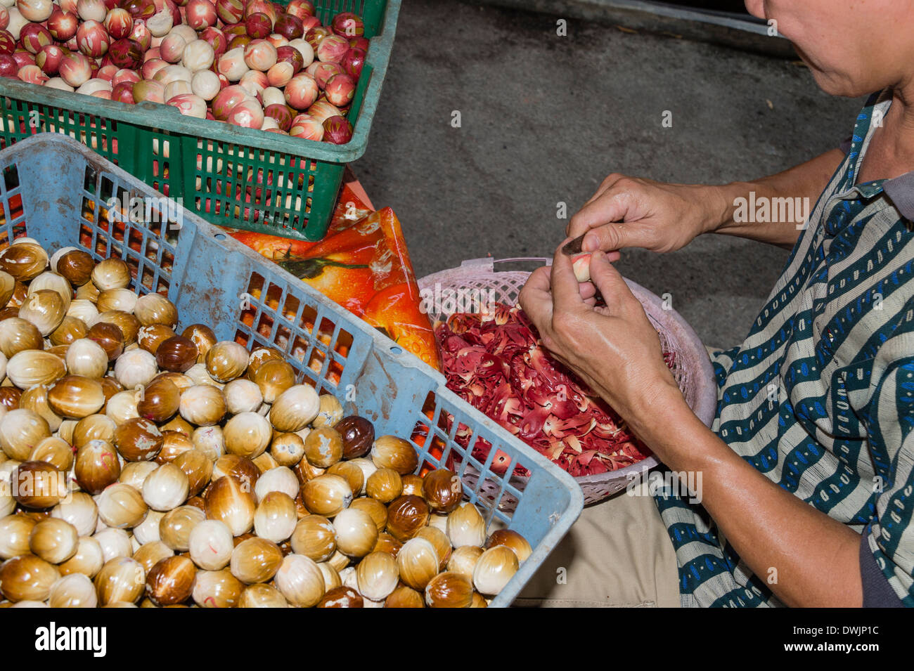 Mace being peeled from nutmegs Stock Photo - Alamy