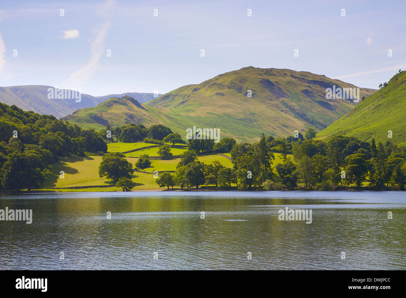 Lake scene with fields, trees and hills. The Lake District. Summer ...