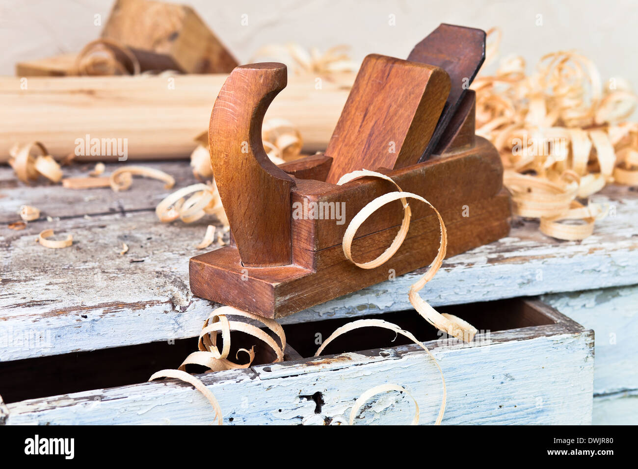 old wooden plane in a workshop of the carpenter Stock Photo - Alamy