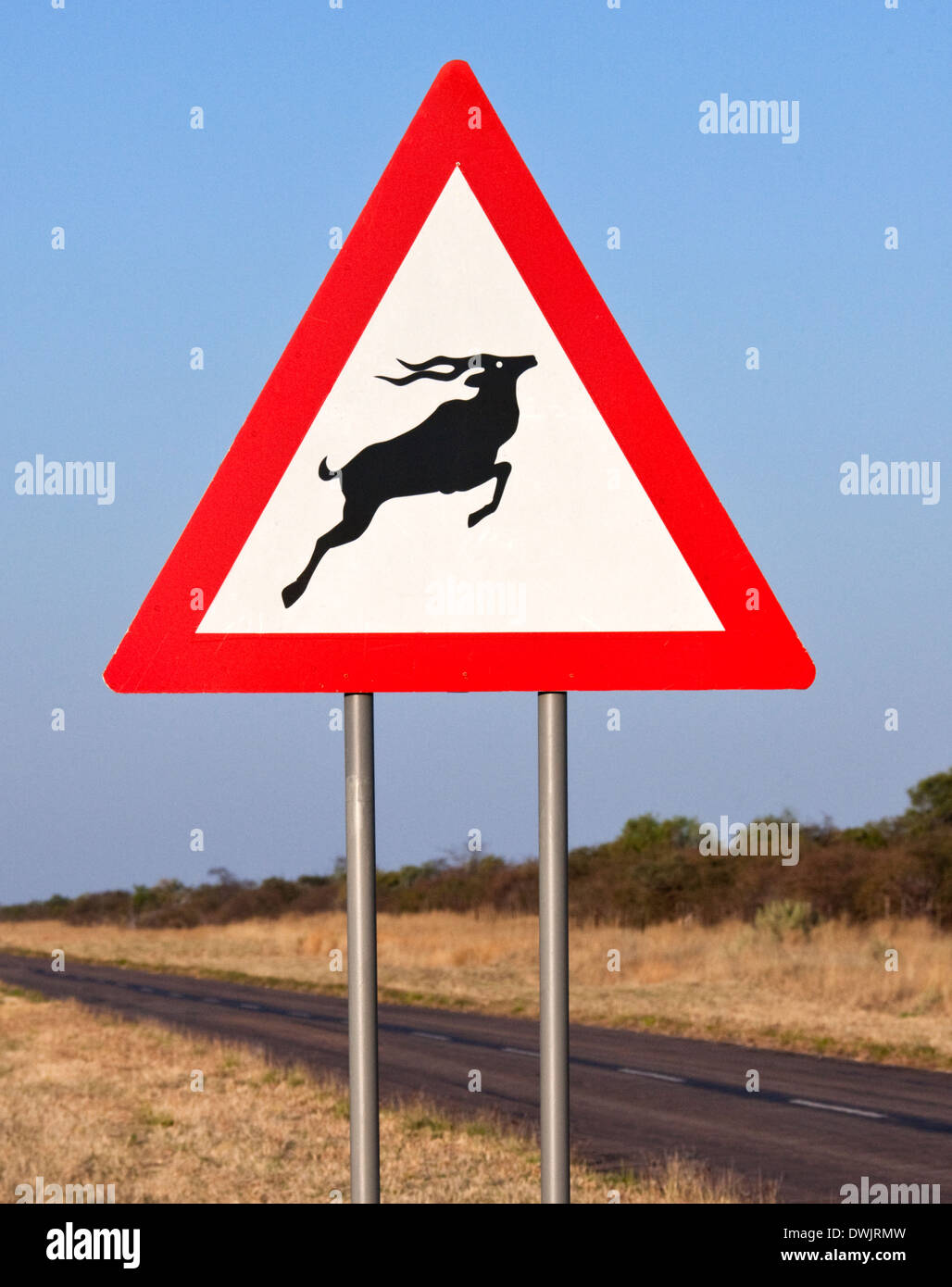 Road sign warning of Antelope crossing the road in Northern Namibia ...