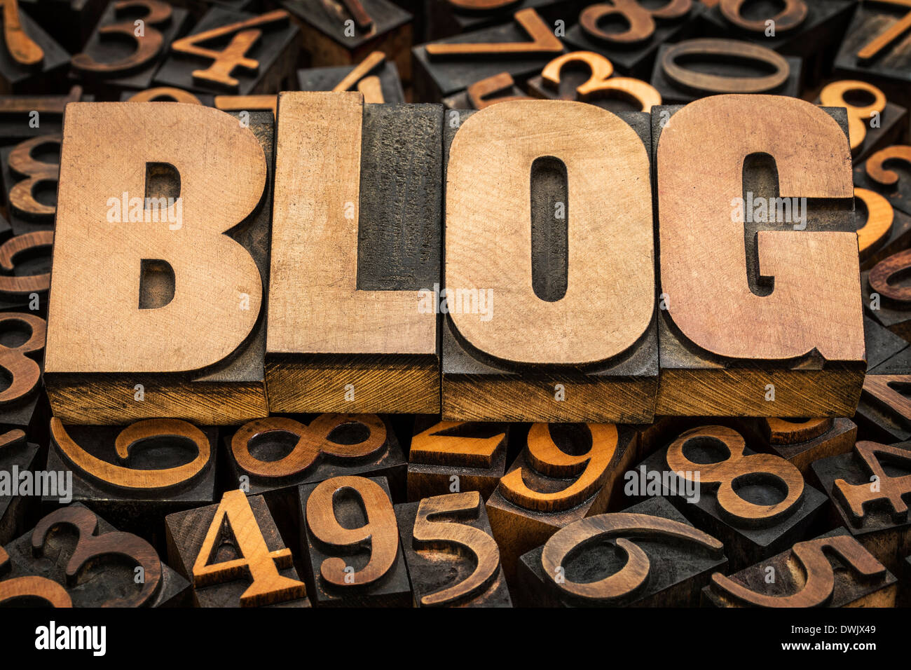 blog word in vintage letterpress wood type against random number ...