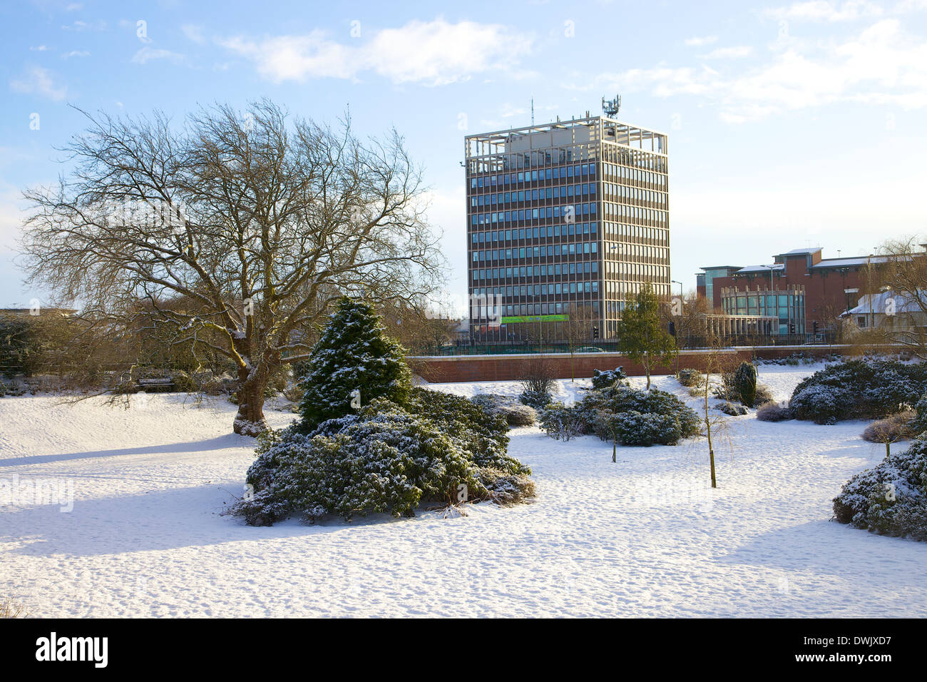 Carlisle Civic Centre from Bitts Park covered in snow, with people in ...