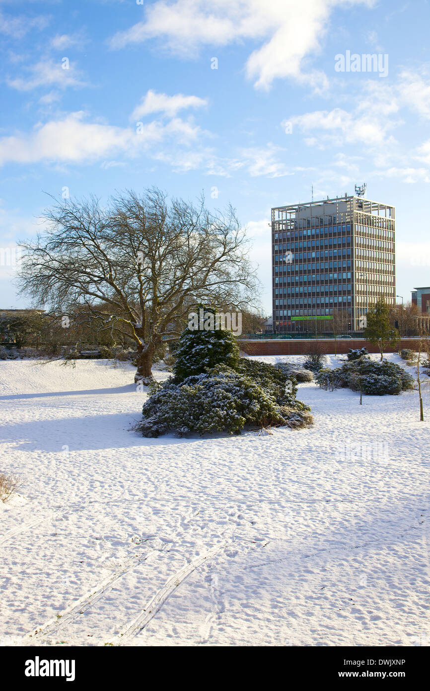 Carlisle Civic Centre from Bitts Park covered in snow, with people in ...