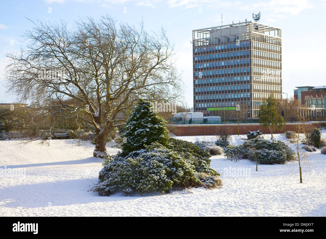 Carlisle Civic Centre from Bitts Park covered in snow, with people in ...