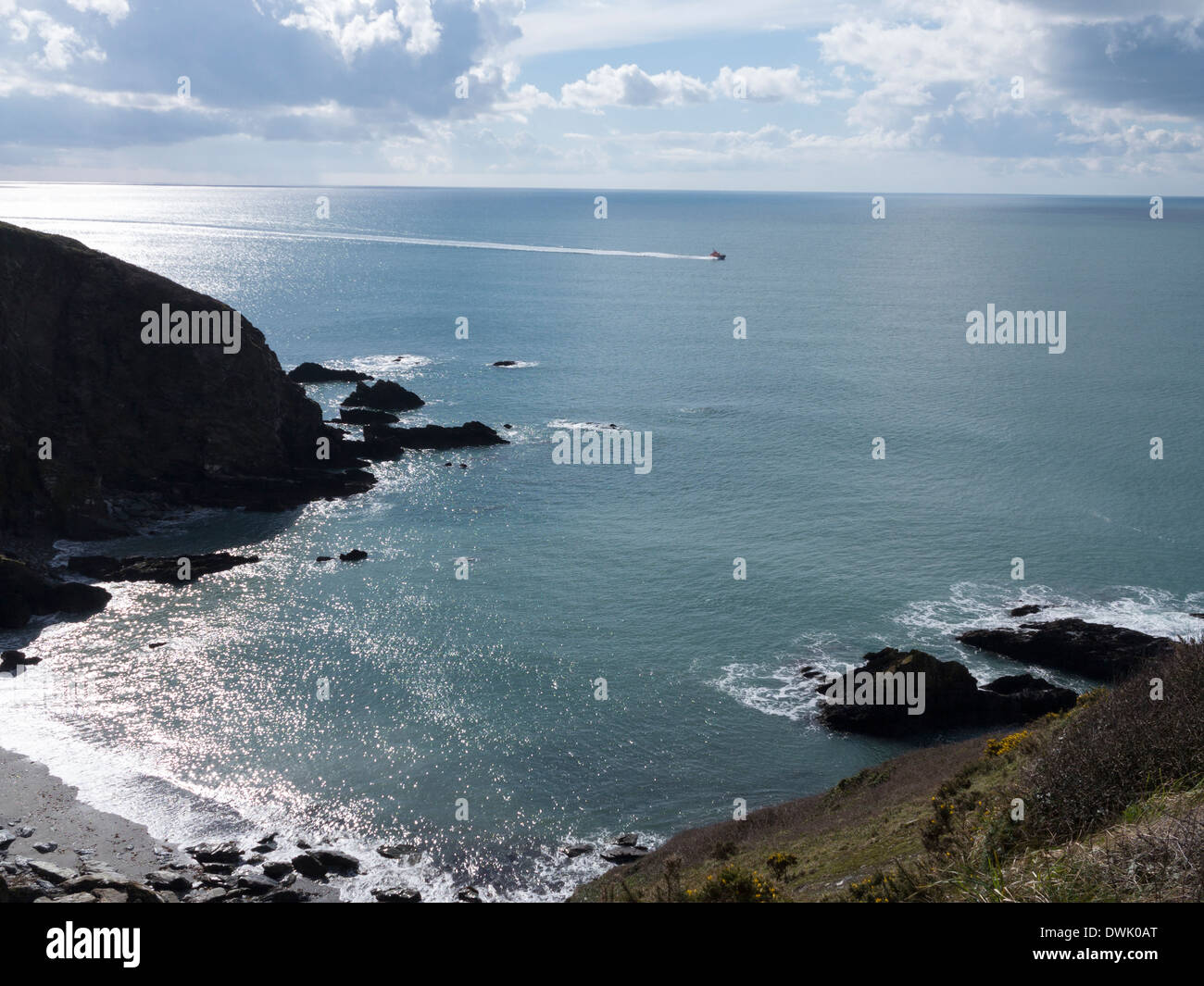 spring on South West Coast Path, Cornwall, RNLI boat racing across the ...