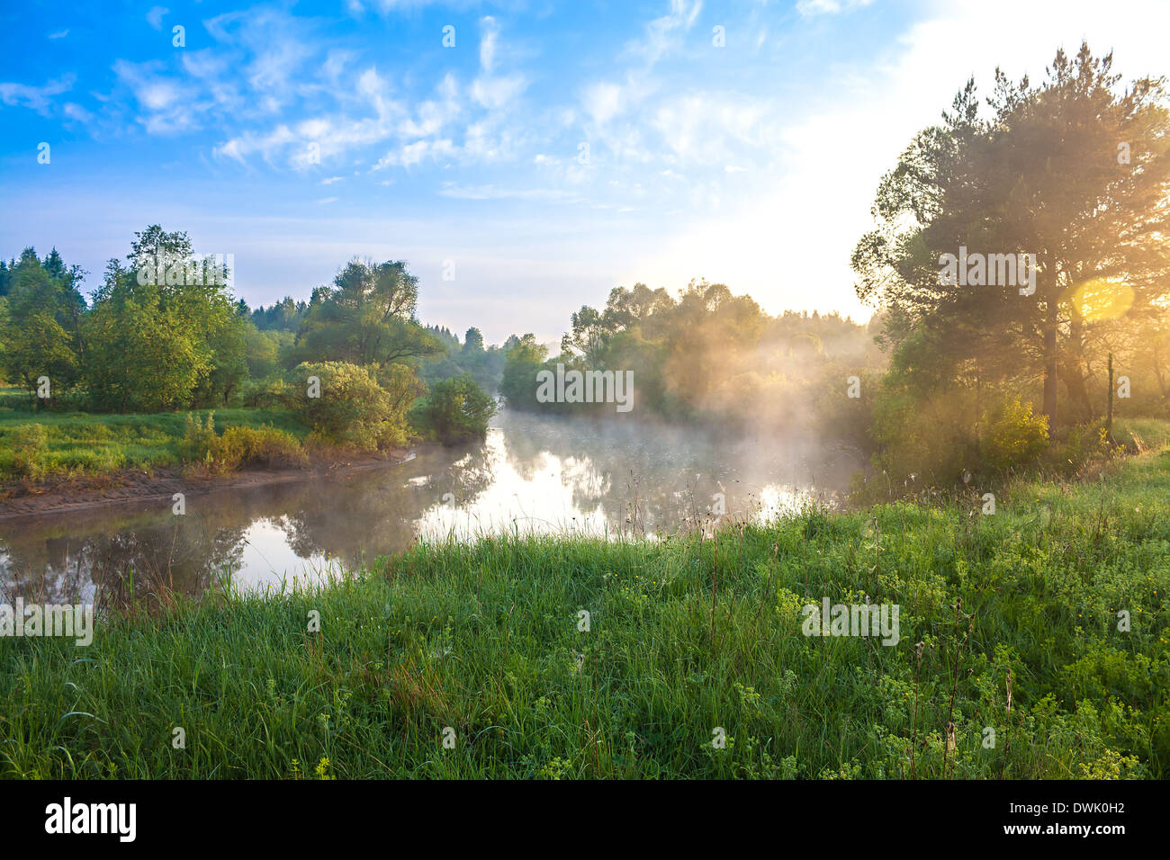 beautiful summer landscape with sunrise over the river Stock Photo - Alamy