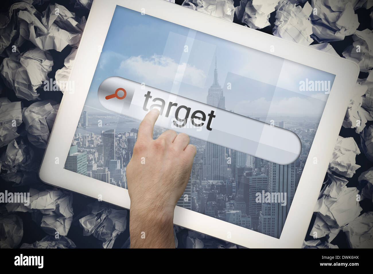 Hand touching target on search bar on tablet screen Stock Photo - Alamy