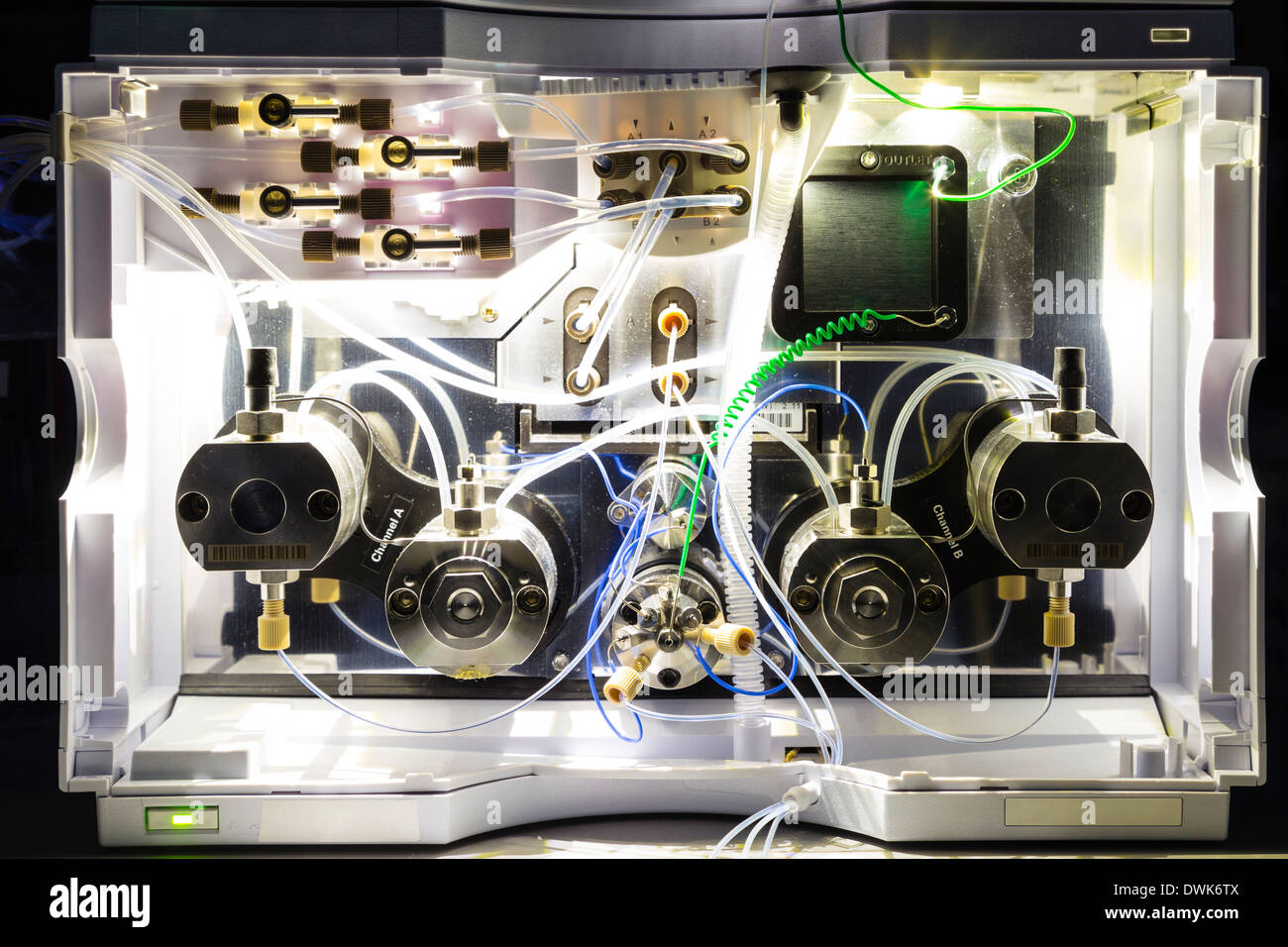 close up shot of the insides of a HPLC module in a real life laboratory ...