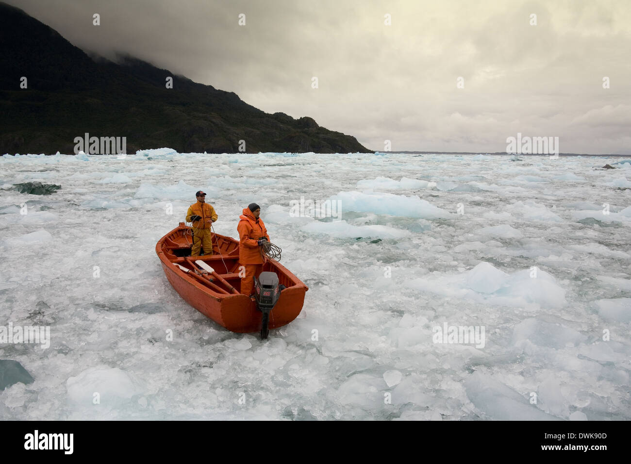 Rowing boat floating on sea ice near the San Rafael Glacier in ...